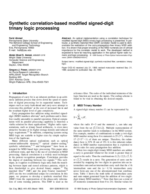 Pdf Synthetic Correlation Based Modified Signed Digit Trinary Logic