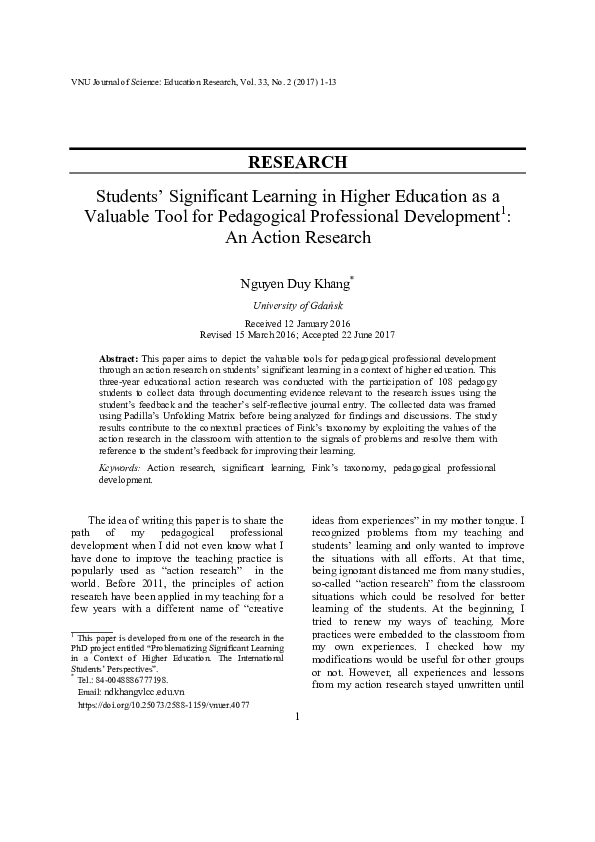 (PDF) Action Research about Students’ Significant Learning in Higher ...