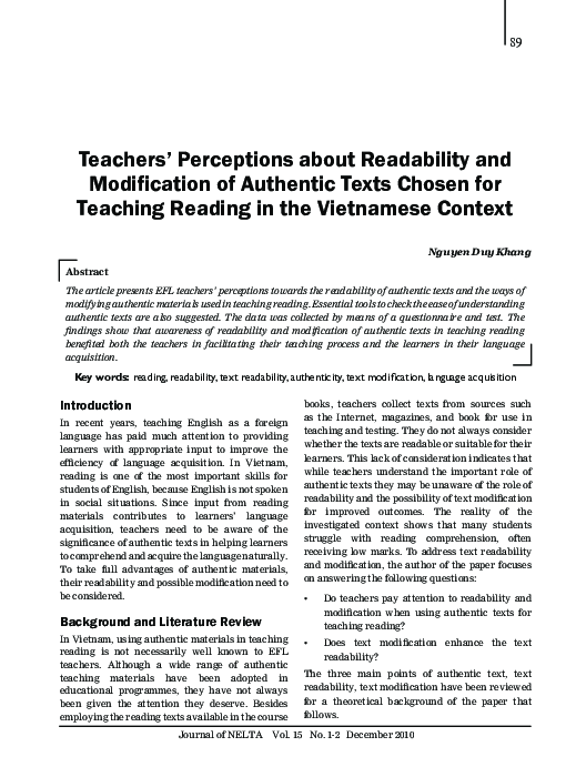 (PDF) Teachers' Perceptions about Readability and Modification of Authentic Texts Chosen for ...