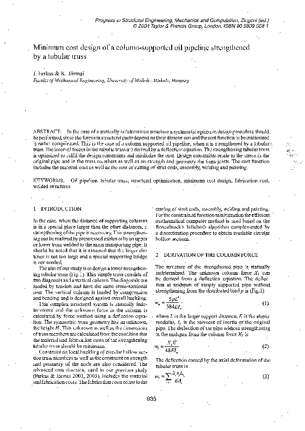 Pdf Minimum Cost Design Of A Column Supported Oil Pipeline Strengthened By A Tubular Truss