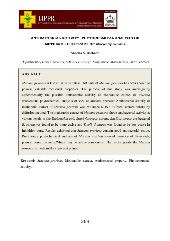 (PDF) ANTIBACTERIAL ACTIVITY, PHYTOCHEMICAL ANALYSIS OF METHANOLIC EXTRACT OF Mucunapruriens