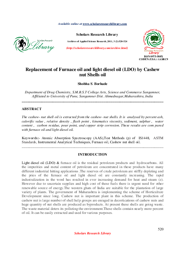 (PDF) Cashew Nut Shell Oil as Oil Replacement
