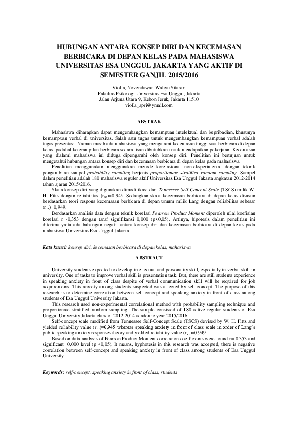 (PDF) HUBUNGAN ANTARA KONSEP DIRI DAN KECEMASAN BERBICARA DI DEPAN KELAS PADA MAHASISWA ...