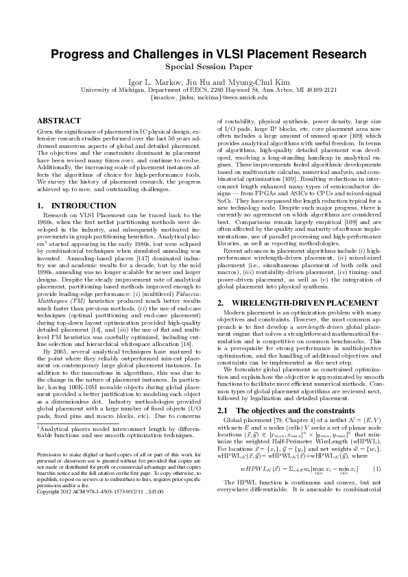 (PDF) Progress and challenges in VLSI placement research