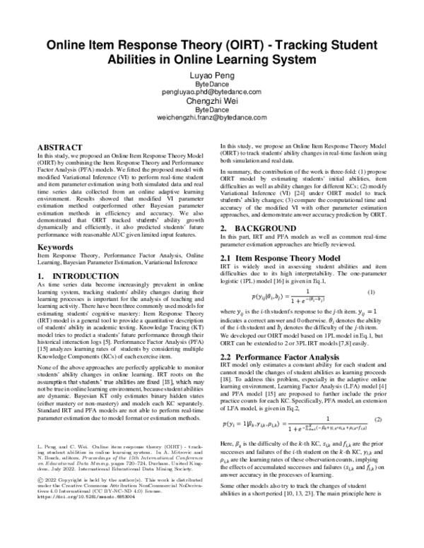 (PDF) Online Item Response Theory (OIRT) - Tracking Student Abilities in Online Learning System