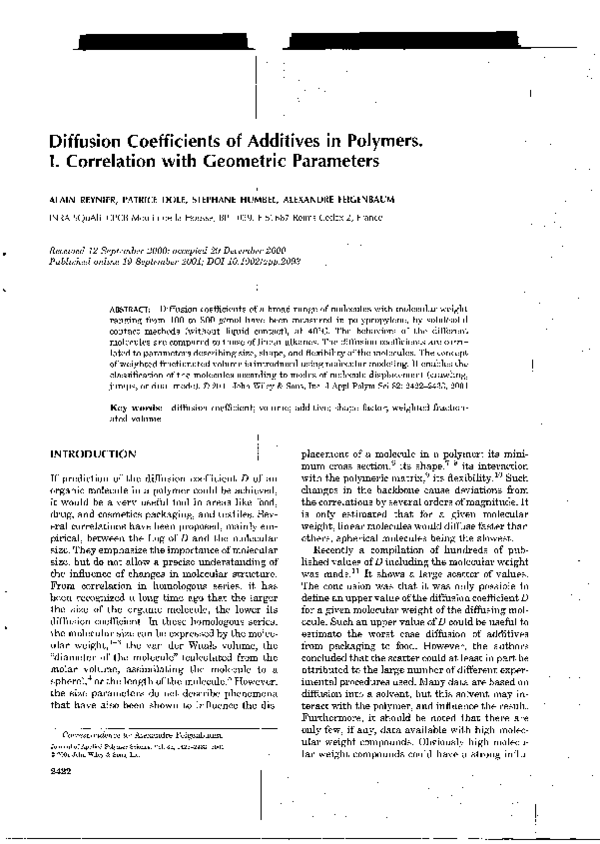 (PDF) Diffusion coefficients of additives in polymers. I. Correlation ...