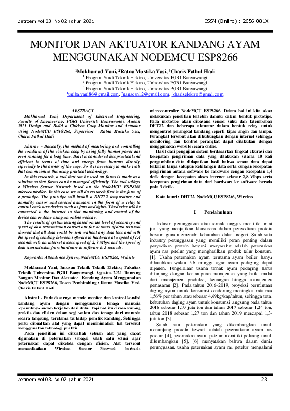 (PDF) Rancang Bangun Monitor Dan Aktuator Kandang Ayam Menggunakan ...
