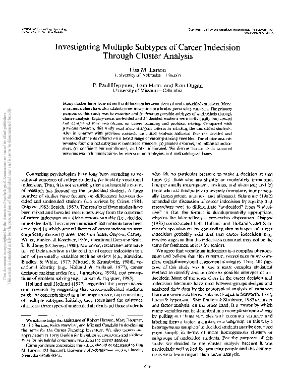 (PDF) Investigating multiple subtypes of career indecision through cluster analysis