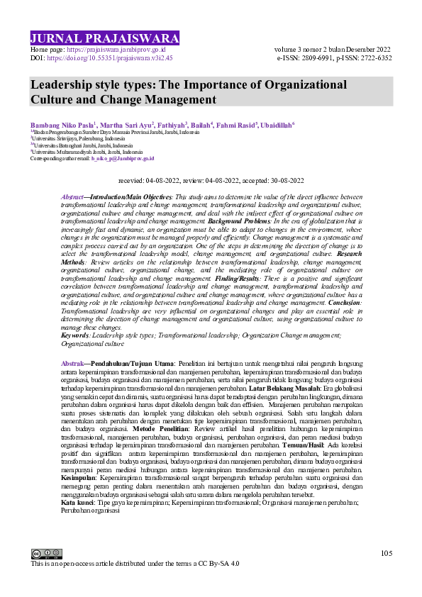 (PDF) Leadership style types: The Importance of Organizational Culture and Change Management