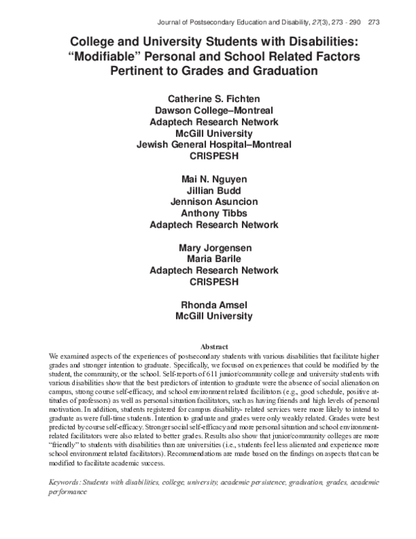 (PDF) College and University Students with Disabilities: "Modifiable" Personal and School ...