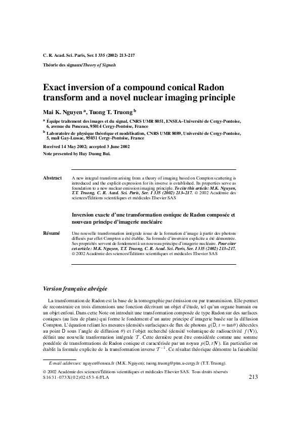 (PDF) Exact inversion of a compound conical Radon transform and a novel ...