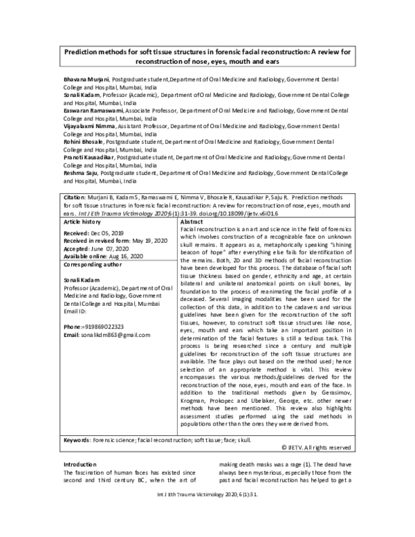 Pdf Prediction Methods For Soft Tissue Structures In Forensic Facial