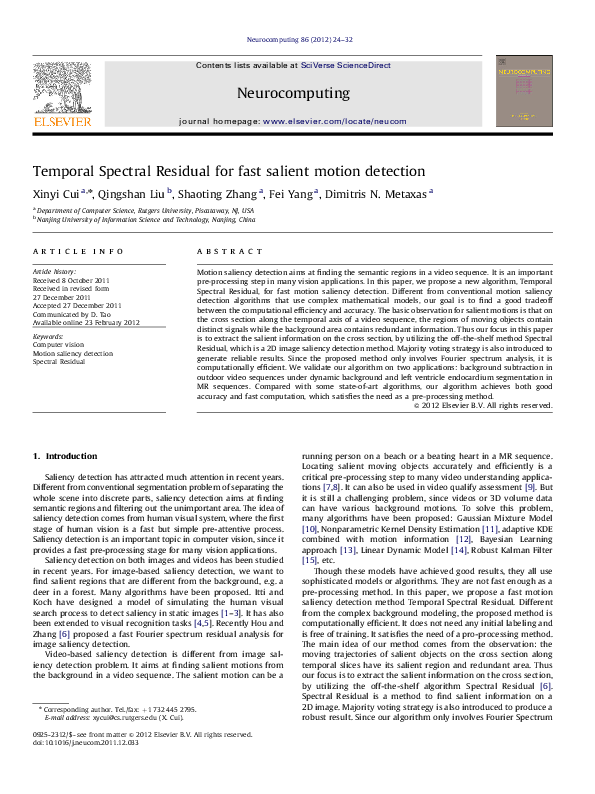 Pdf Temporal Spectral Residual For Fast Salient Motion Detection