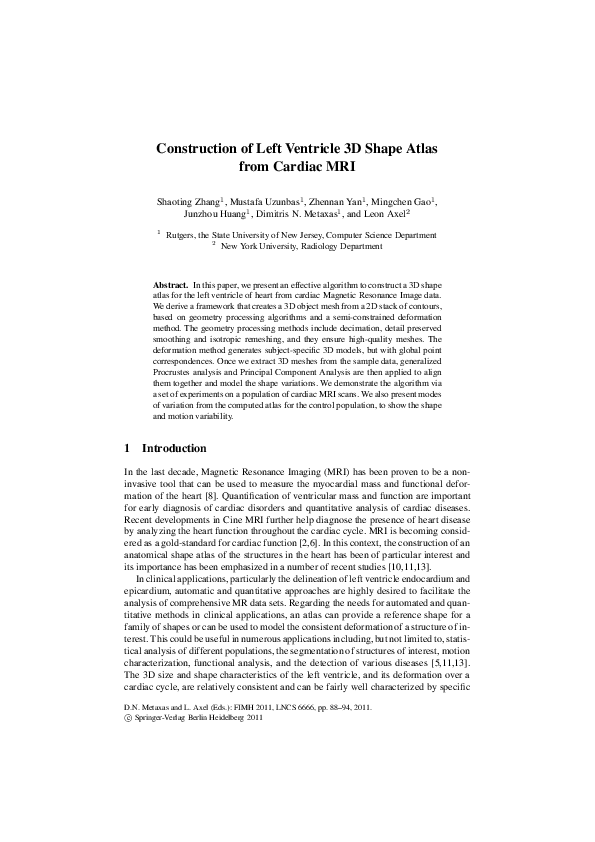 (PDF) Construction of Left Ventricle 3D Shape Atlas from Cardiac MRI