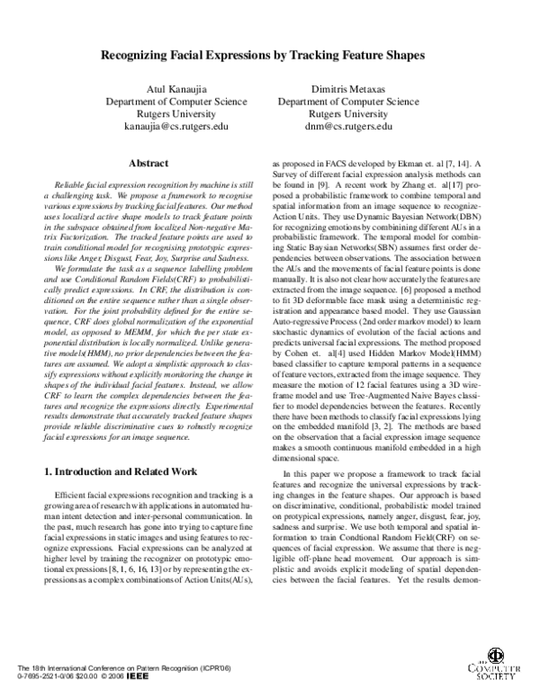 (PDF) Recognizing Facial Expressions by Tracking Feature Shapes