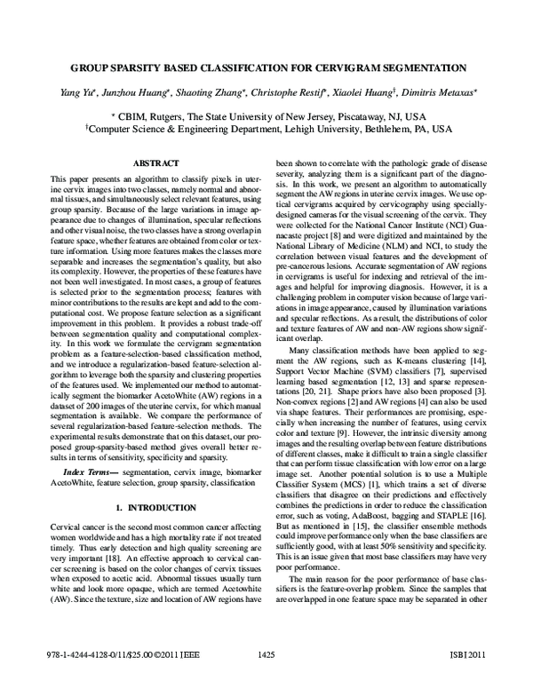 Pdf Group Sparsity Based Classification For Cervigram Segmentation 2944