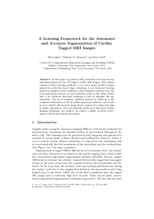 (PDF) A Learning Framework for the Automatic and Accurate Segmentation of Cardiac Tagged MRI Images