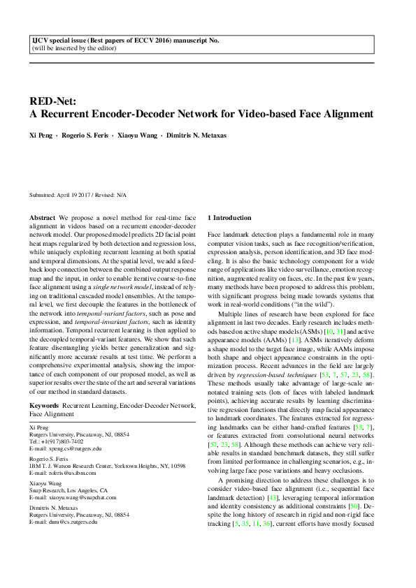 Pdf Red Net A Recurrent Encoder Decoder Network For Video Based Face Alignment Dimitris
