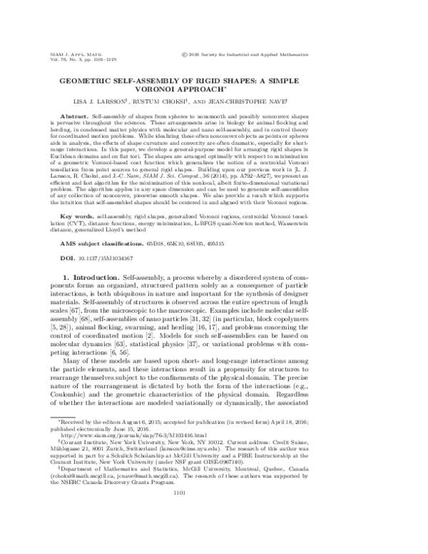 (PDF) Geometric Self-Assembly of Rigid Shapes: A Simple Voronoi Approach