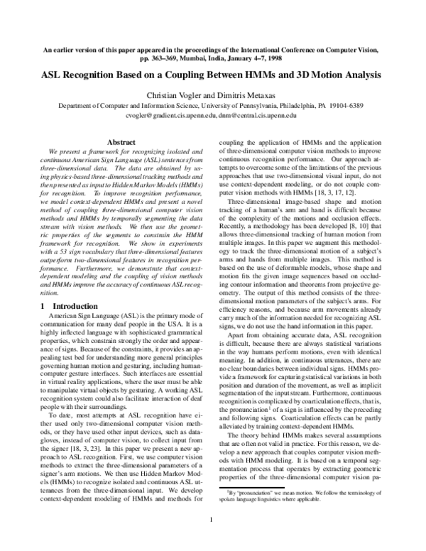 (PDF) Coupled HMMs and 3D Analysis for ASL Recognition