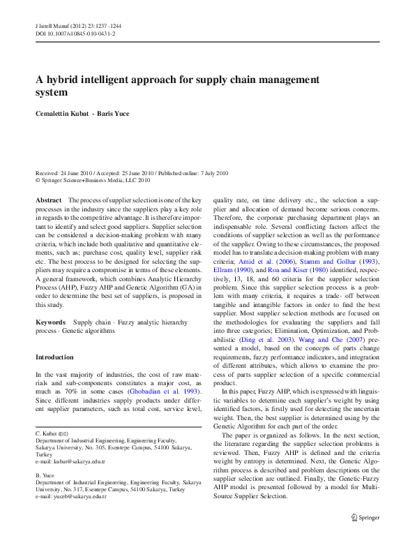 (PDF) A hybrid intelligent approach for supply chain management system