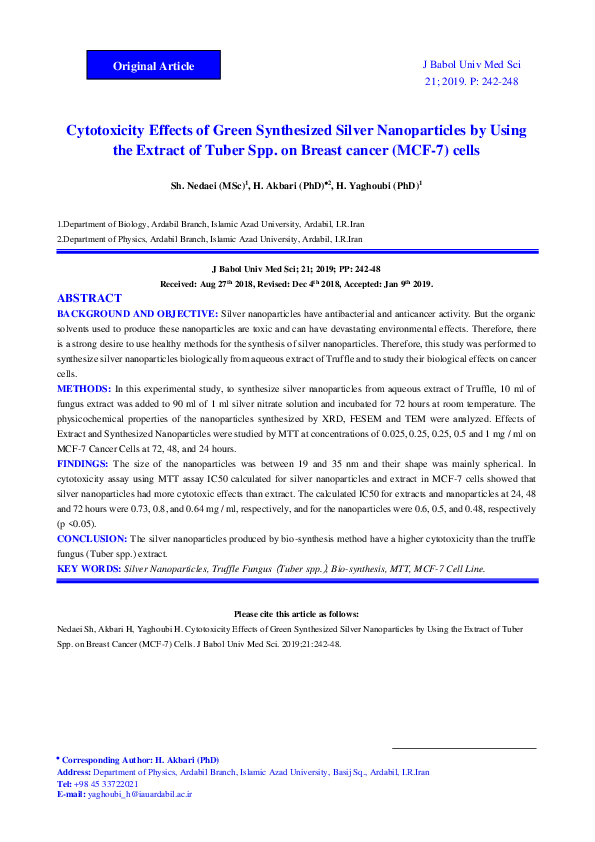 (PDF) Cytotoxicity Effects of Green Synthesized Silver Nanoparticles by ...