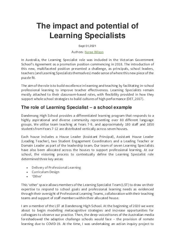 (PDF) The impact and potential of Learning Specialists