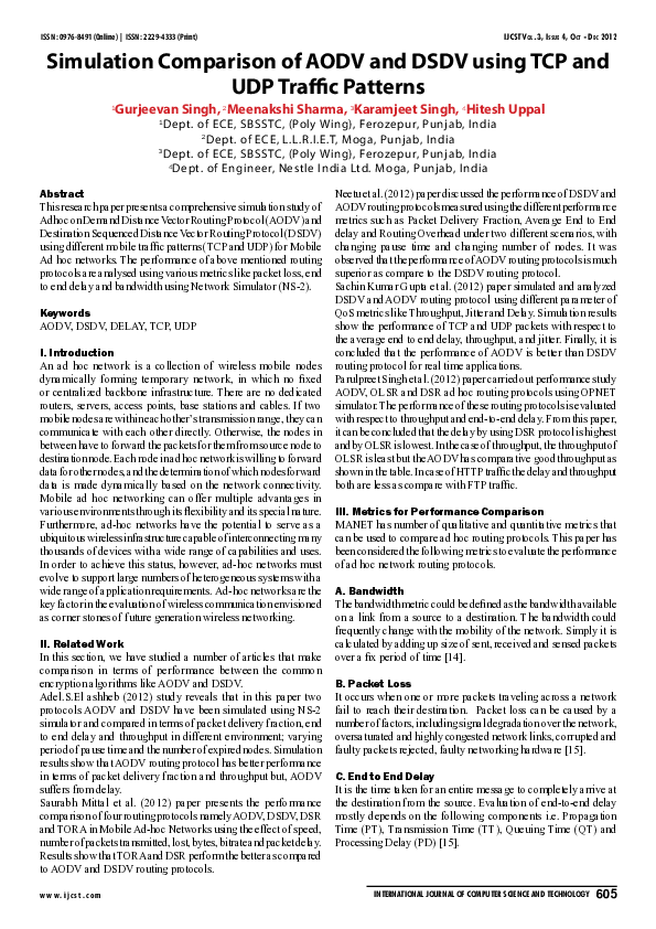 (PDF) Simulation Comparison of AODV and DSDV using TCP and UDP Traffic ...