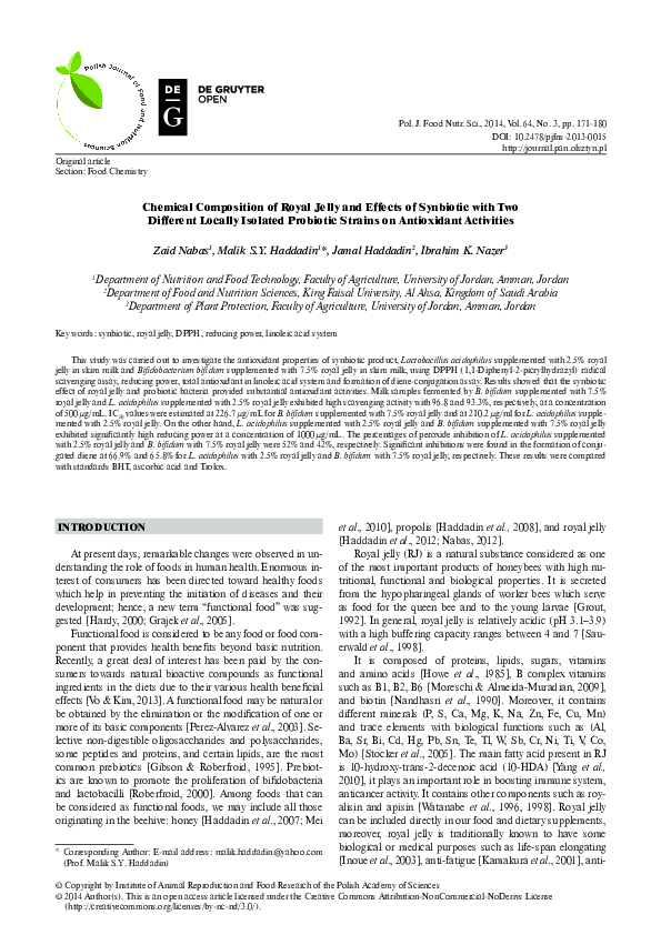 (PDF) Chemical Composition of Royal Jelly and Effects of Synbiotic with Two Different Locally ...