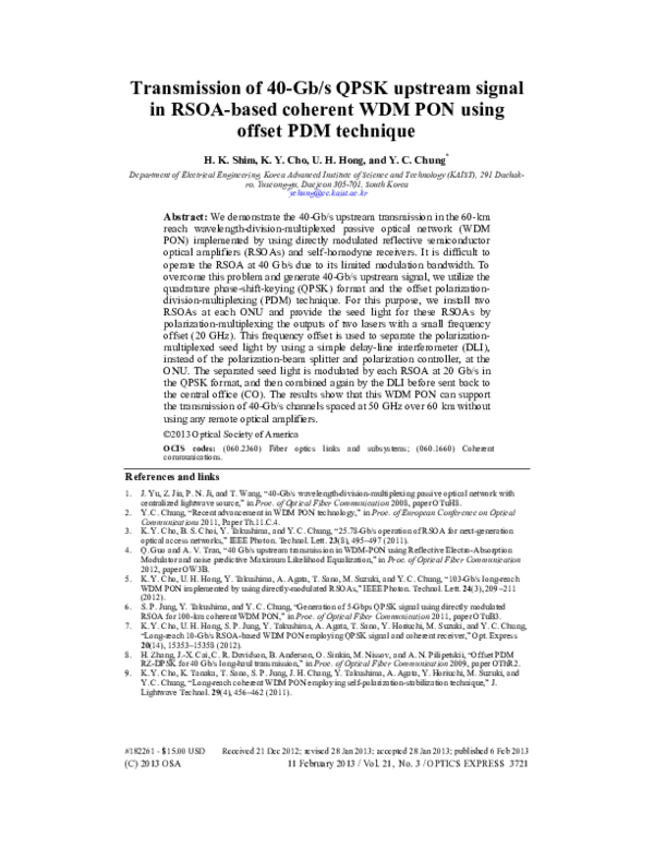 (PDF) Transmission of 40-Gb/s QPSK upstream signal in RSOA-based coherent WDM PON using offset ...