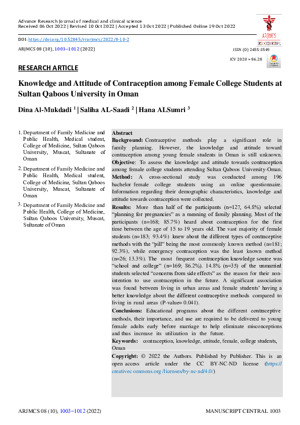 (PDF) Knowledge and Attitude of Contraception among Female College ...