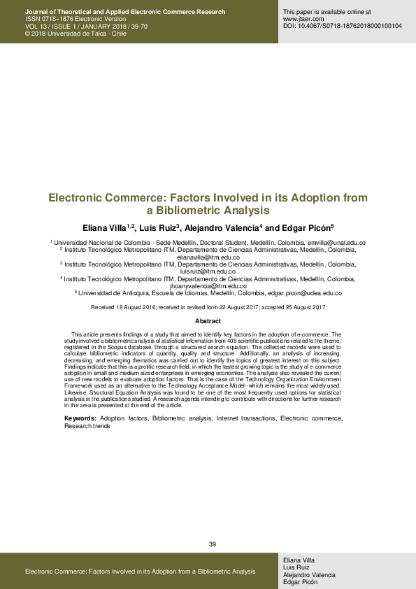(PDF) Electronic Commerce: Factors Involved in its Adoption from a ...