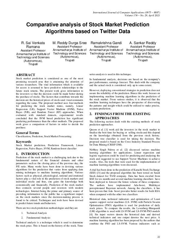 (PDF) Comparative analysis of Stock Market Prediction Algorithms based ...