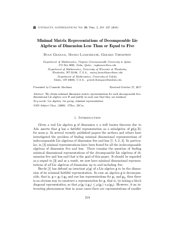 (PDF) Minimal Matrix Representations of Decomposable Lie Algebras of ...