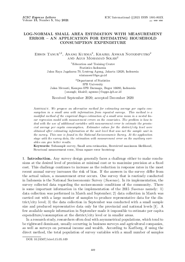 (PDF) LOG-NORMAL SMALL AREA ESTIMATION WITH MEASUREMENT ERROR -AN APPLICATION FOR ESTIMATING ...