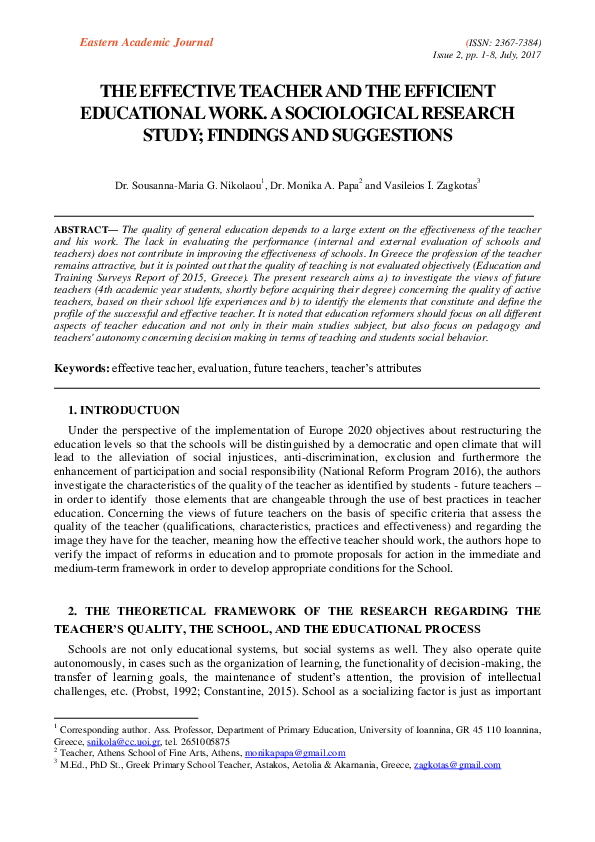 The Effective Teacher and the Efficient Educational Work. A ...