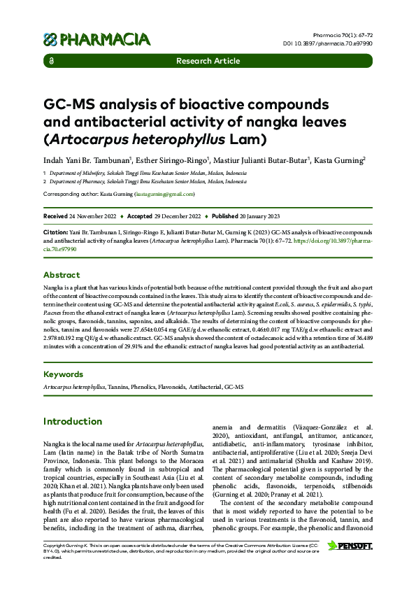 (PDF) GC-MS analysis of bioactive compounds and antibacterial activity of nangka leaves ...
