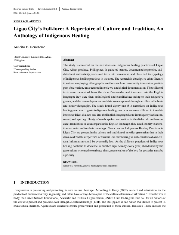 (PDF) Ligao City’s Folklore: A Repertoire of Culture and Tradition, An ...