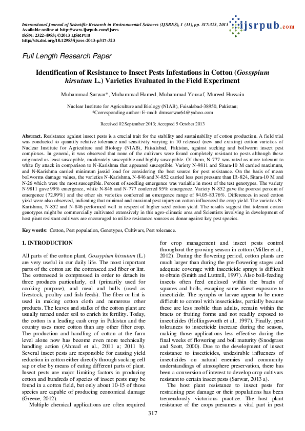 (PDF) Identification of Resistance to Insect Pests Infestations in Cotton (Gossypium hirsutum L ...