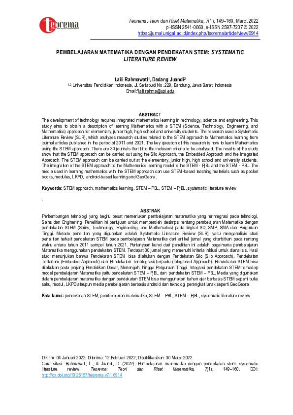 (PDF) Pembelajaran Matematika Dengan Pendekatan Stem: Systematic ... (PDF) Pembelajaran Matematika Dengan Pendekatan Stem: Systematic ...