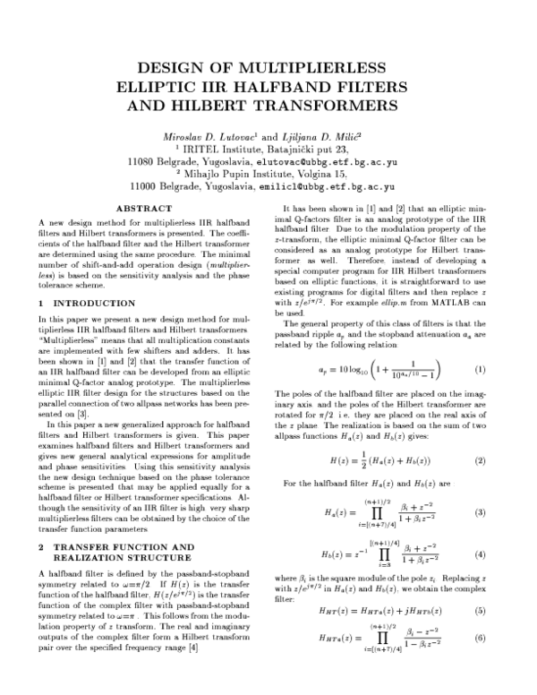 (PDF) Design of multiplierless elliptic IIR halfband filters and ...