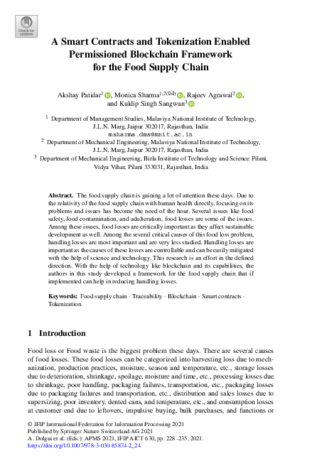 (PDF) A Smart Contracts and Tokenization Enabled Permissioned Blockchain Framework for the Food ...