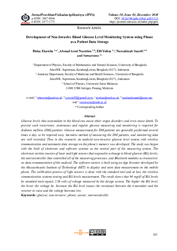 (PDF) Development of Non-Invasive Blood Glucose Level Monitoring System using Phone as a Patient ...