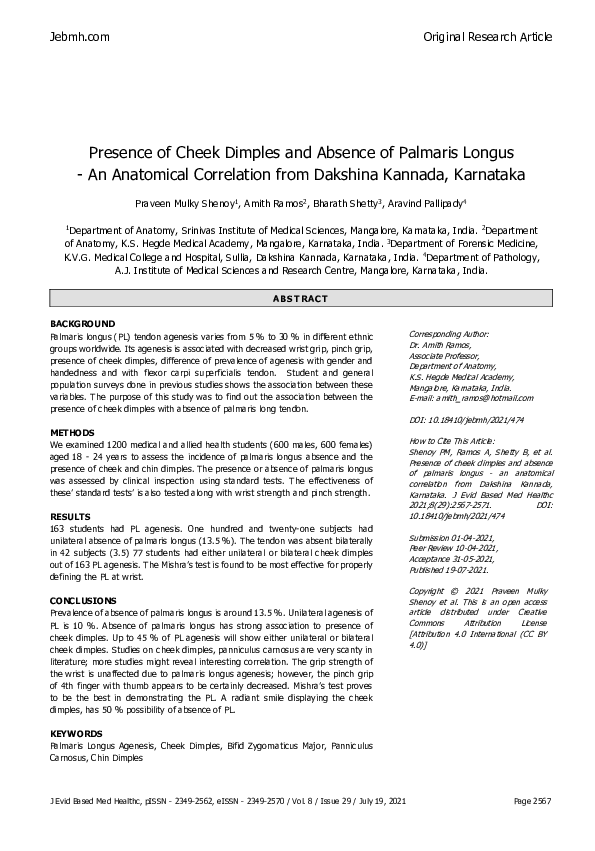 (PDF) Presence of Cheek Dimples and Absence of Palmaris Longus - An ...
