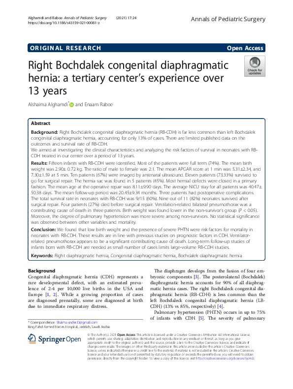 (PDF) Right Bochdalek congenital diaphragmatic hernia: a tertiary ...
