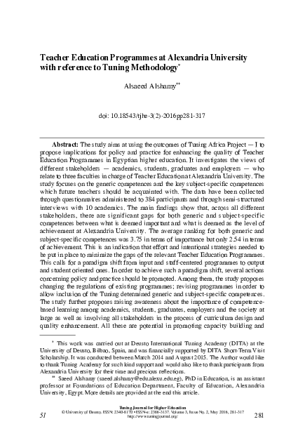 (PDF) Teacher Education Programmes at Alexandria University with reference to Tuning Methodology