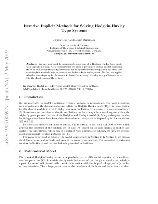 Pdf Adaptive Iterative Implicit Methods For Solving Hodgkin Huxley