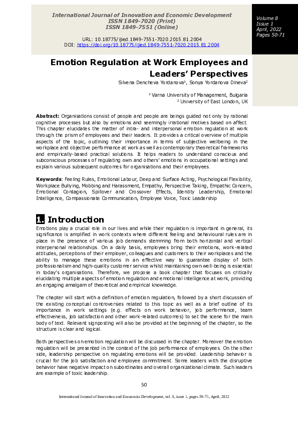(PDF) Emotion Regulation at Work Employees and Leaders’ Perspectives