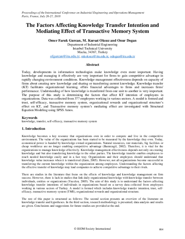 (PDF) The Factors Affecting Knowledge Transfer Intention and Mediating Effect of Transactive ...