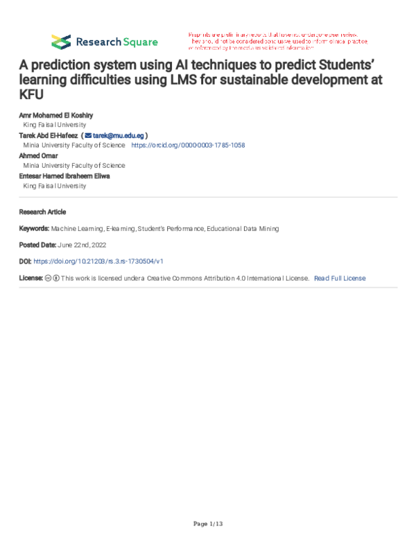 (PDF) A prediction system using AI techniques to predict Students’ learning difficulties using ...